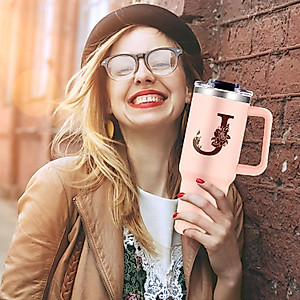 Monogrammed 40oz Tumbler with Handle for Women, Personalized Birthday Gifts for Women,Initial Cups for Woman Pink Letter J,Customized Gifts for Female Lady Gift for Mothers Day Christmas