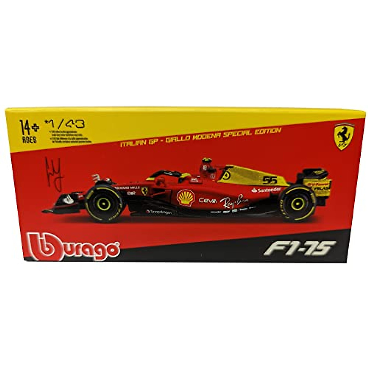 F1-75#55 Carlos Sainz Giallo Modena Formula One F1 Italian GP (2022) "Formula Racing Series with Display Case 1/43 Diecast Model Car by Bburago 36831CSMZ