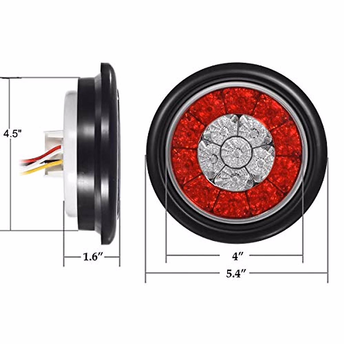 Partsam 2Pcs 4" Inch Round LED Trailer Tail Lights 16LED w Rubber Grommet, Waterproof Sealed Round Red Stop Turn Tail Brake Running Lights White Reverse Backup Lights Lamps for RV Trailer Trucks