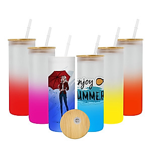 AGH 6 Pack Sublimation Glass Tumbler, Frosted Sublimation Glass Blanks with Bamboo Lid & Straw, 25oz Gradient Color Cup Tumblers Beer Can Glass Straight Sublimation Glass Tumbler, for Iced Coffee