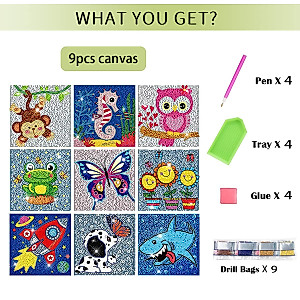HUBENDMC 9 Pack 5D Diamond Painting Kits for Kids Cute Full Drill Diamond Art Kits for Beginners DIY Gem Arts and Crafts for Kids Ages 8-12 Diamond Dots for Home Wall Decor 6X6 inch