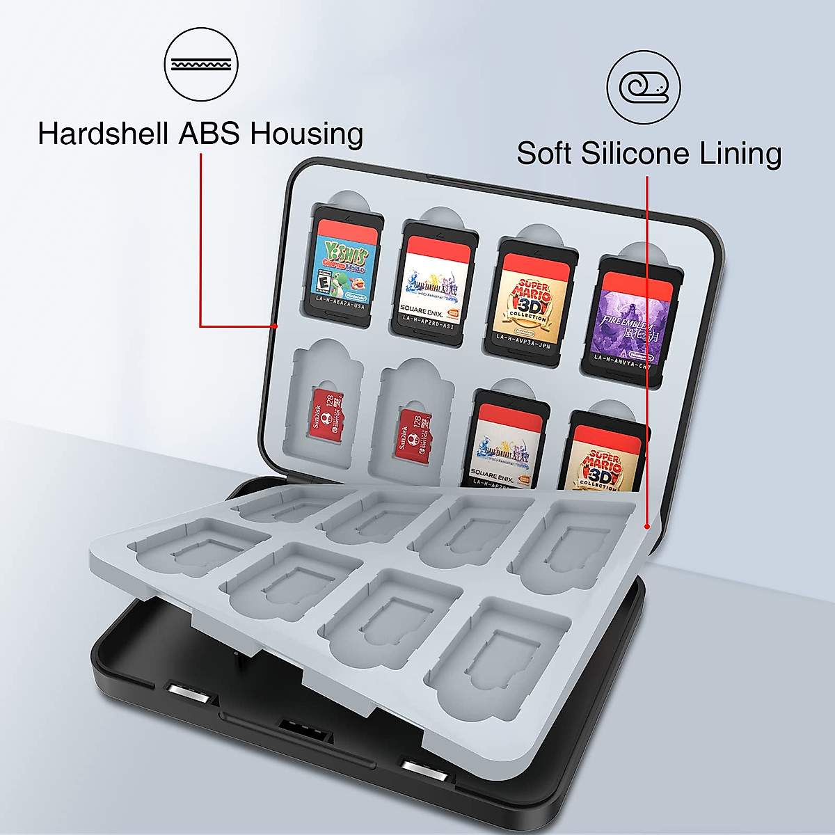 HEIYING Game Card Case for Nintendo Switch&Switch OLED,Portable Switch Lite Game Card Storage Case with 16 Game Card Slots and 16 Micro SD Card Slots. (Black)