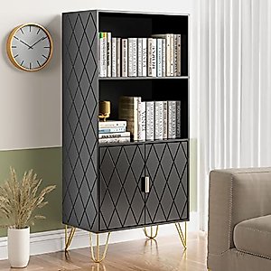 Anbuy Black Open Shelf Bookcase with Doors, Floor Standing Display Cabinet Rack with Gold Legs, Wooden Bookshelf for Home Decor Furniture for Home, Office, Living Room, Bedroom
