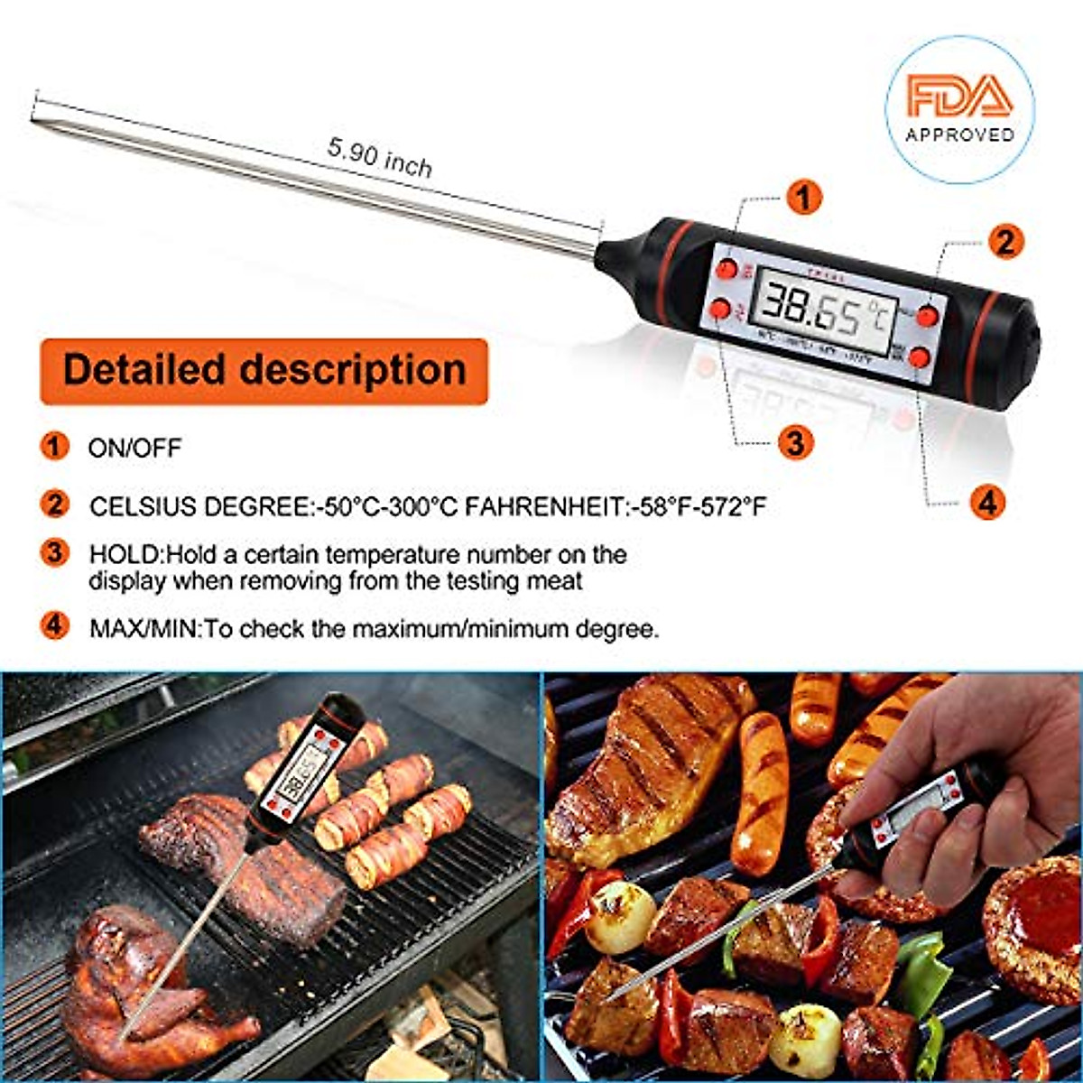 Eastking BBQ Gloves/BBQ Claws/Meat Thermometer and Silicone Brush Superior Value Premium Set (4pcs Set) - Heat Resistant/Non-Slip/Safe/Cooking/Grilling Silicone Gloves for Indoor & Outdoor (Orange)