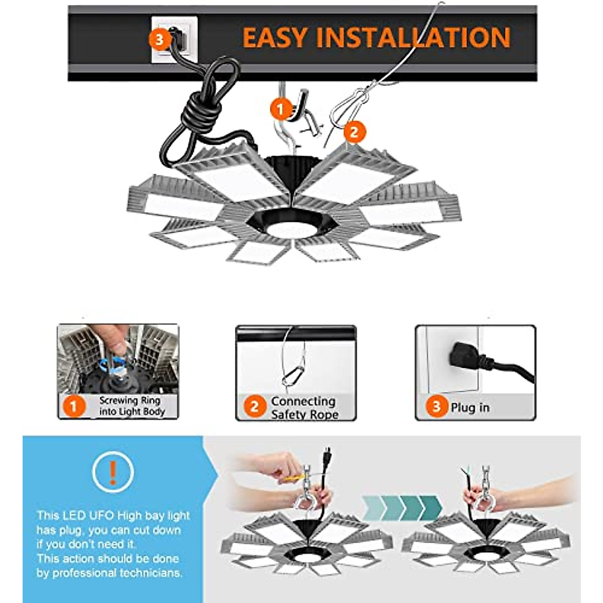 CODAFUL LED High Bay Light 8 Panels 300W LED Garage Lights with US Plug 5ft Cable 85-277V, Light for Wet Location Warehouse Residential Barn Factory Workshop, Shop Lighting (250W-1Pack, Silvery)