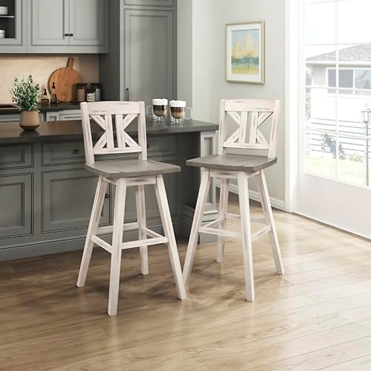 Swivel Pub Bar Height Stools Set of 2, Modern Solid Wood Kitchen Bar Height Stools with Backs, High Back, Swivel Seat, Footrest for Kitchen Island, Easy Assembly, Divided X-Back, 29"SH, White