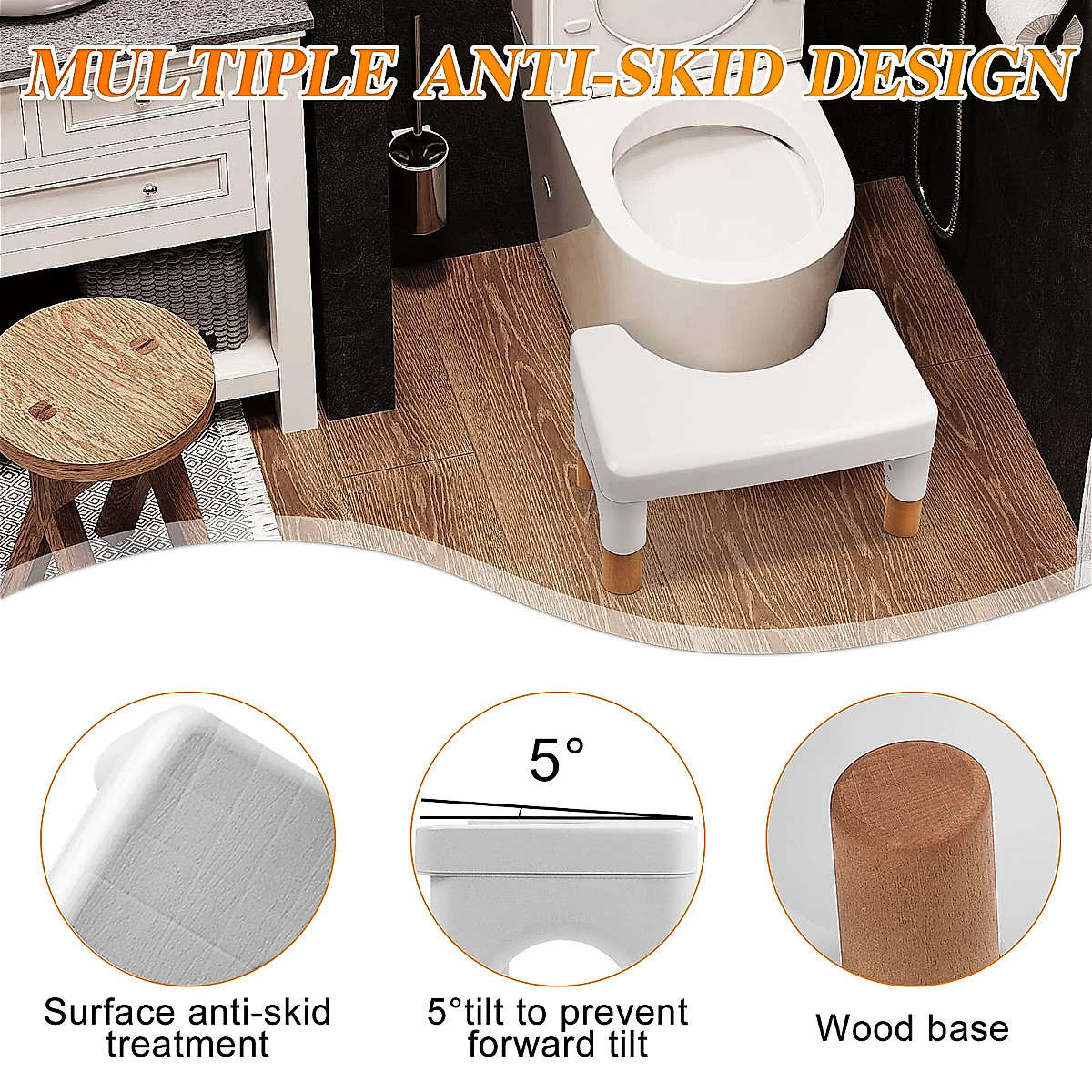 Squatting Toilet Stool, Adjustive 6 Inch to 8 Inch Potty Bathroom Poop Stool for Adults and Children, Reinforced Non-Slip Wooden Stool Foot, Wood Color