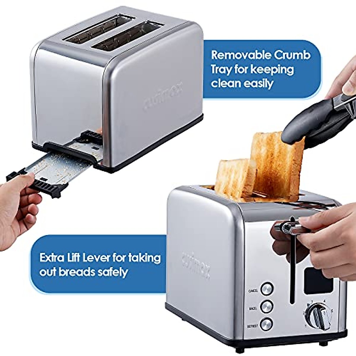 Toaster 2 Slice, CUSIMAX Stainless Steel Toaster with Large LED Display, Bread Toaster 1.5'' Extra-wide Slots with 6 Browning Settings, Cancel/Bagel/Defrost Function, Removable Crumb Tray, Silver