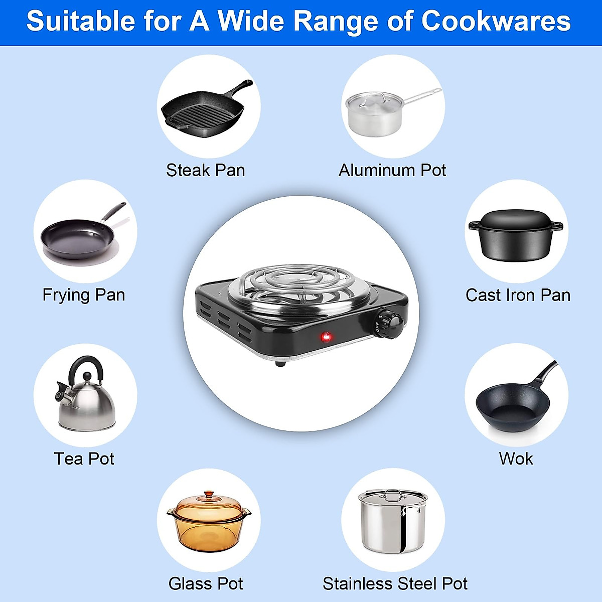 KOCASO Countertop Single Burner Electric Stove, 1000W Portable Coil Heating Hot Plate RV Hot Plate with Non Slip Rubber Feet w/ 35in Plug Cord, Black