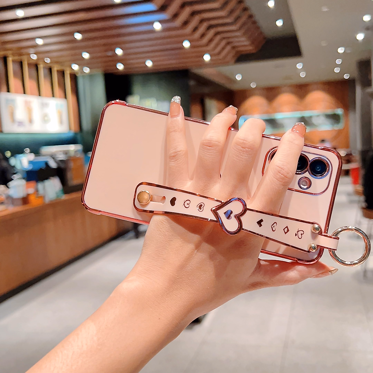 DEFBSC Compatible with Samsung Galaxy A14 5G Case, Electroplated Edge Love Heart Case with Wrist Strap, Full Camera Protection Raised Reinforced Corners Shockproof Soft TPU Cover, Pink