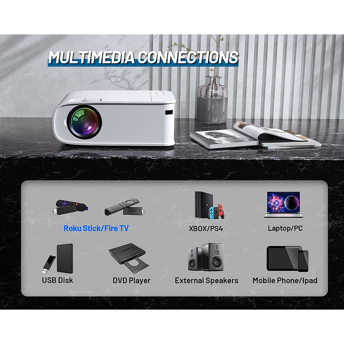 Projector, ARTSEA Native 1080P 5G WiFi HD Projector for iPhone, 2023 Upgrade Outdoor Movie Projector with 100Inch Projection Screen, 12000L 4K 300” Home Video Projector for TV Stick/PS4/Android/iOS