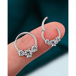 COCHARM Silver Daith Earrings for Women Cute 16g 8mm Septum Ring Clear CZ Septum Ring Surgical Steel Cartilage Hoop Earring