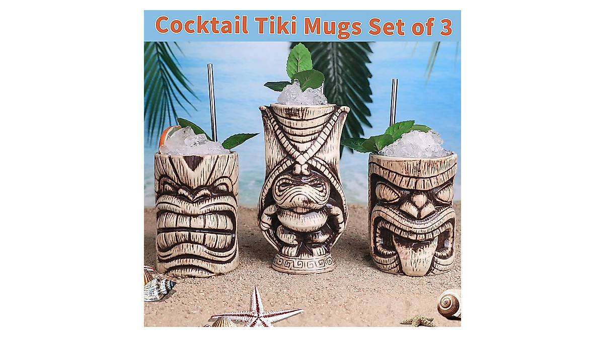 Tiki Mugs Set - Large Ceramic Tiki Mug, Cocktail Mugs for Mai Tai ...