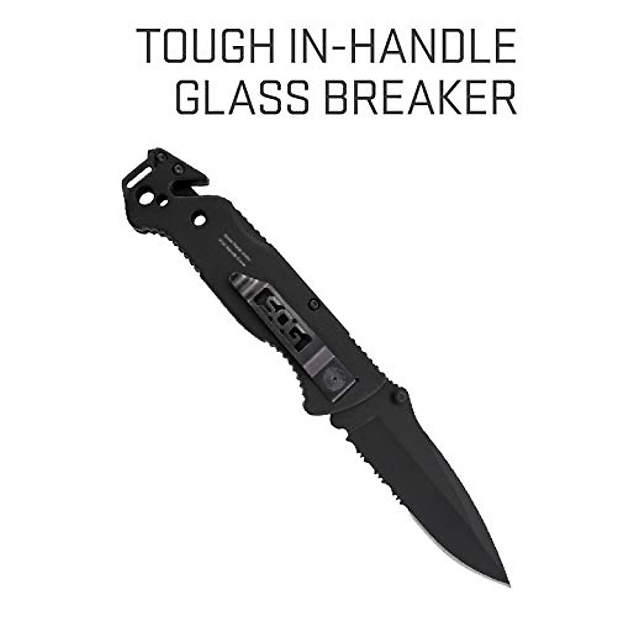 SOG Escape Tactical Folding Knife- 3.4 Inch Serrated Edge Blade Emergency Pocket Knife with Glass Breaker, Wire Stripper and Line Cutter Blades-Black (FF25-CP)