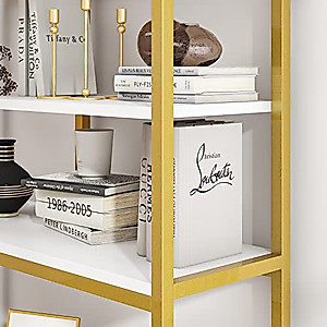 HITHOS Bookshelf, Tall Bookcase with 2 Drawers and Storage Shelves, Industrial Etagere Bookcase Book Shelves for Office, Living Room, Bedroom, White/Gold