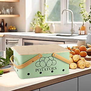 Xbopetda Potato Storage for Pantry, Metal Potato Storage Box with Bamboo Lid and Handle, Potato Bin Onion Storage with Aerating Holes, Kitchen Counter Organizer Container for Potato Onion Garlic-Green