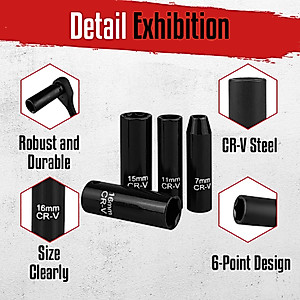 WETT 3/8-Inch Drive Deep Impact Socket Set, 16 Piece Metric Socket Set, 6 Point, Cr-V Steel, 7-22mm Sockets with 3", 6" Extension Bar