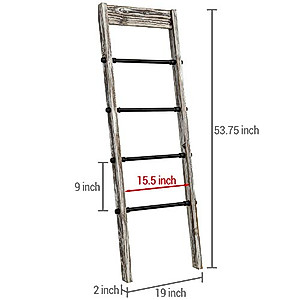 MyGift Solid Torched Wood Wall Leaning Blanket Ladder Quilt Rack, Farmhouse Bathroom Storage Towel Ladder Holder with Industrial Black Metal Pipe Rung