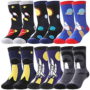 FNOVCO Kids Wool Socks Toddler Warm Thick Wool Hiking Thermal Cozy Boot Crew Socks for Boys Girls 6-Pack (8-12 Years, Outer Space)