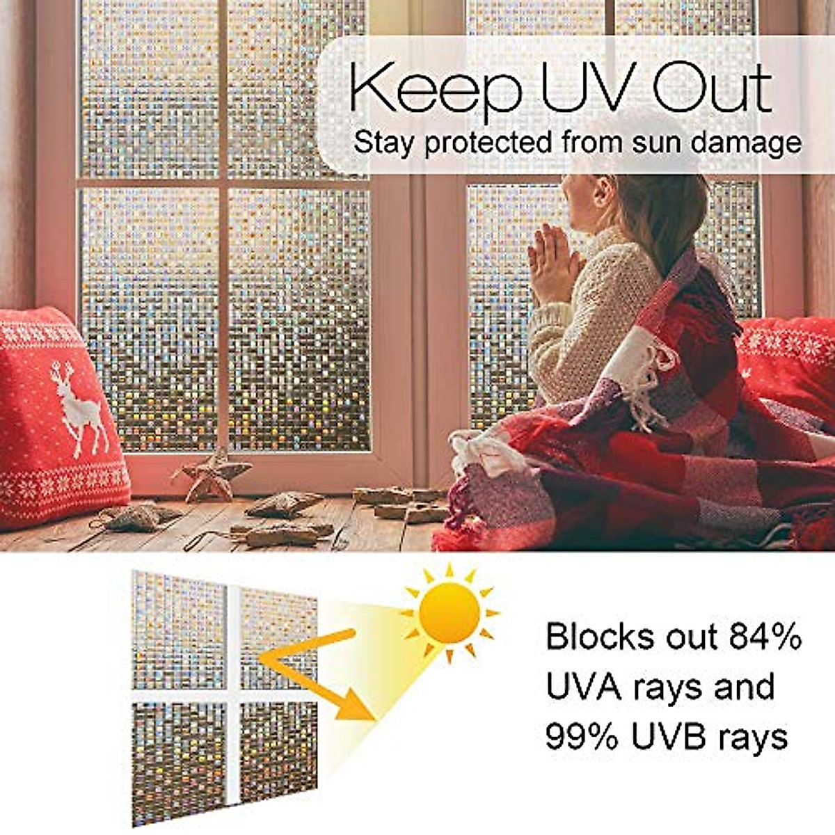 rabbitgoo Window Privacy Film Stained Glass Window Film Mosaic Static Cling Decorative Window Vinyl, Removable Rainbow Window Tint, Non-Adhesive UV Blocking for Home Office, Brown, 35.4 x 78.7 inches