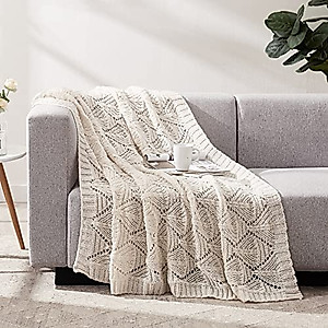 WRENSONGE Cream Cable Knit Throw Blanket, 50x60 Diamond Hollow-Out Design Knitted Throw Blanket for Couch, Bed, Sofa, Chair Cozy Warm Lightweight Outdoor Bedroom Decorative Blankets for Men Women