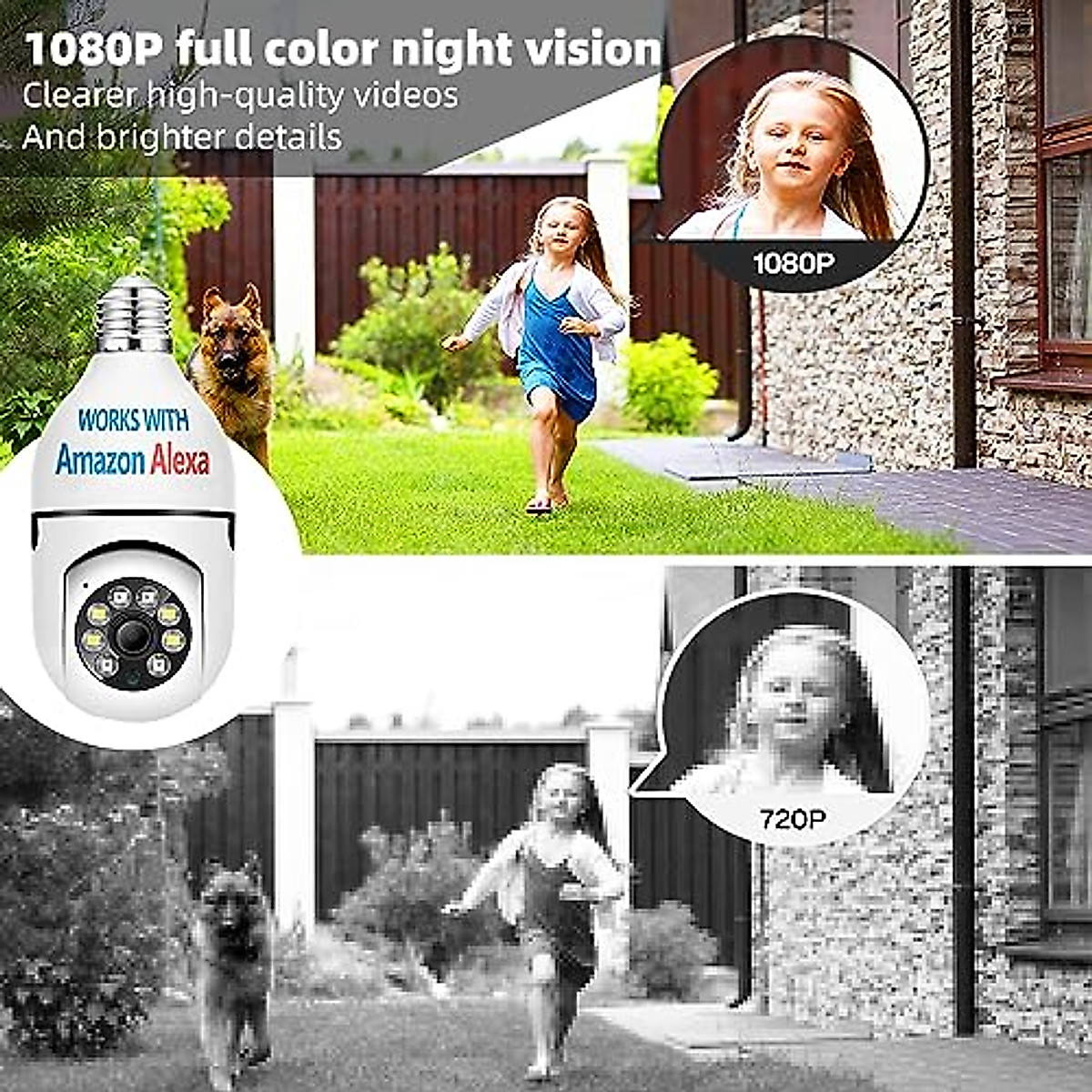 QAMY Optapower Light Bulb Security Camera,With Extension Link, Light Bulb Camera, 2.4g Wifi 360° PTZ Screw In Camera Light Socket Outdoor Works With Alexa & Google Assistant,Light Bulb Camera Outdoor