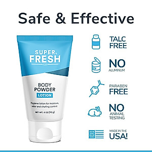 SweatBlock Super Fresh Body Powder Lotion Talc Free, Anti-Chafing, Deodorizing, Natural Ingredients - No Mess Body Powder Lotion for Men and Women - 4 fl oz.