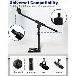 Mictop Desktop Microphone Stand, Adjustable Mic Stand with Boom Arm, Mic Clip Holder and 3/8" to 5/8" Screw Adapter for Dynamic Microphone and Blue Snowball, Blue Yeti, Kick Drums, Guitar Amps