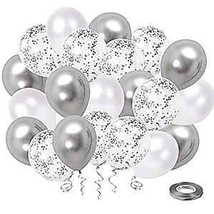 White Silver Confetti Latex Balloons, 50 Pack 12inch Silver Metallic Chrome Party Balloon Set with Silver Ribbon for Wedding Birthday Baby Shower Decorations