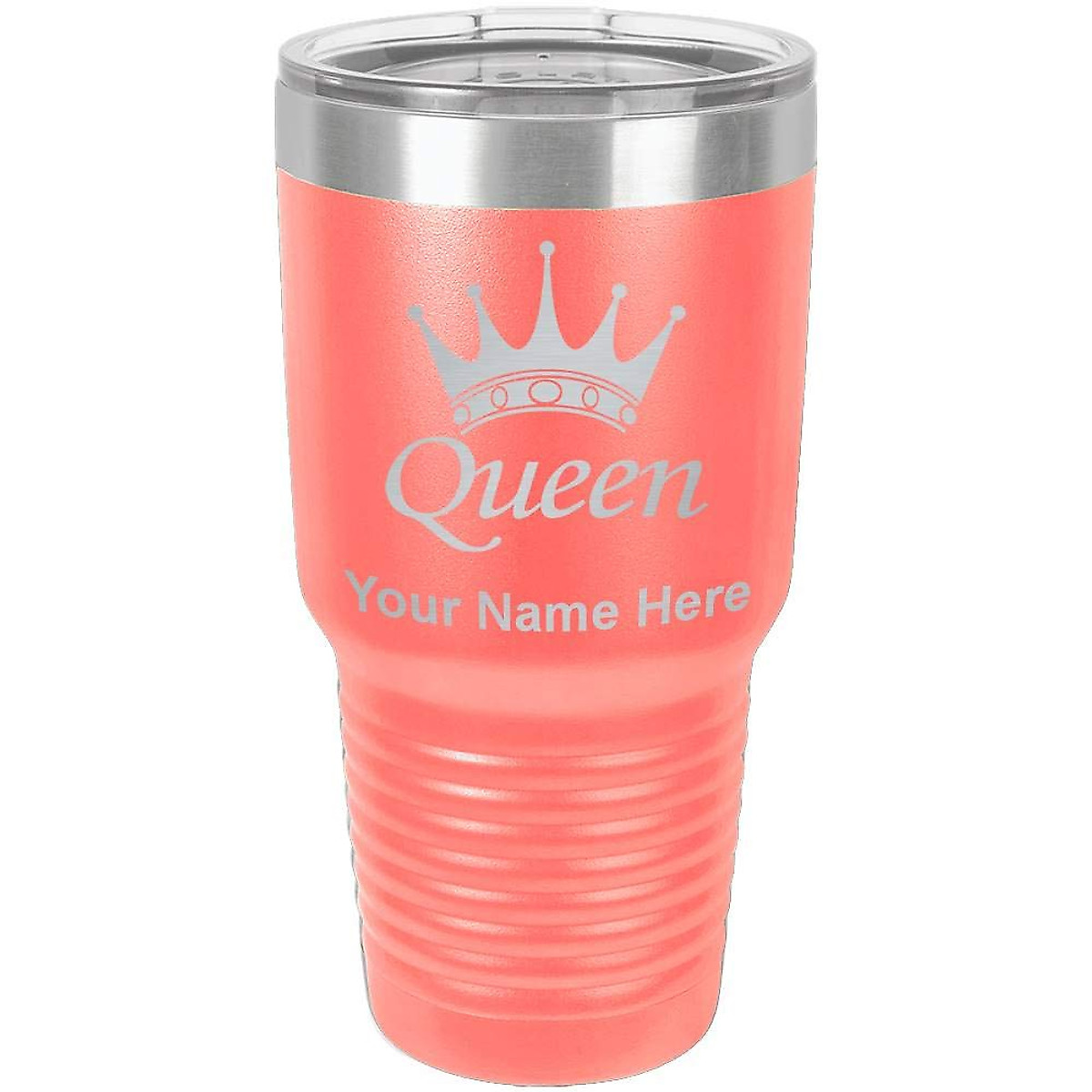 LaserGram 30oz Vacuum Insulated Tumbler Mug, Queen Crown, Personalized Engraving Included (Coral)