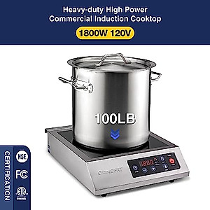 ChangBERT Induction Cooktop 1800W NSF Certified Commercial Grade Durable Countertop Burner Pro Chef Professional 18/10 Stainless Steel Housing Schott Glass 10-Hour Timer