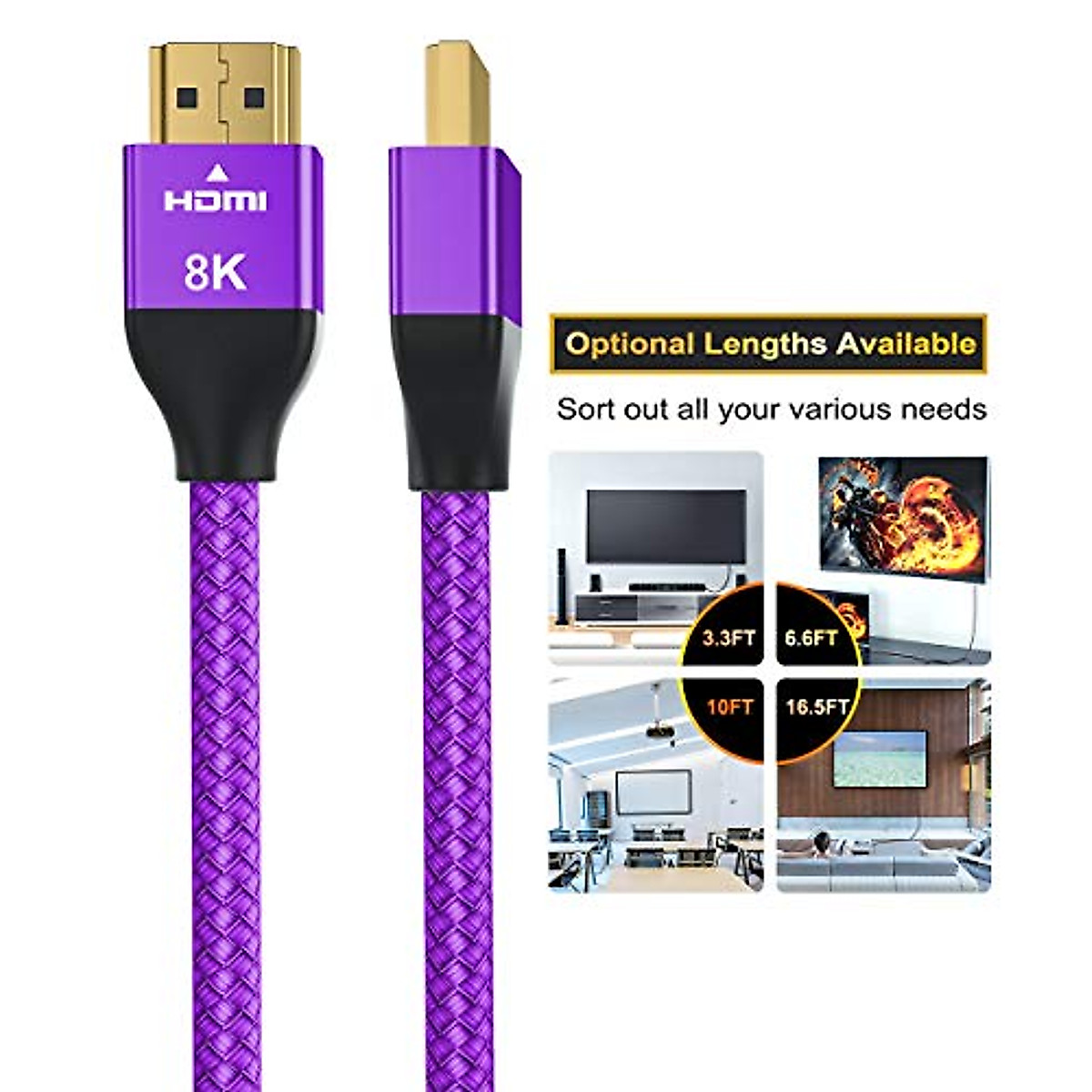 Basesailor 8K 60Hz HDMI Cable 10FT 2 Pack,48Gbps 7680P Ultra High Speed Cord for Apple TV,Roku,Samsung QLED,2.0 2.1,Sony Playstation,PS5,6FT,Xbox One Series X,eARC HDR HDCP 2.2 2.3,4K 120Hz 144Hz