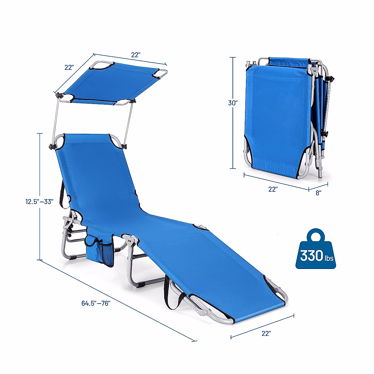 Giantex Outdoor Folding Chaise Lounge, Portable Tanning Chair with 5 Adjustable Positions, 360°Rotatable Canopy Shade, Storage Pocket, Patio Lounge Chair for Beach, Lawn Sunbathing Chair (2, Navy)