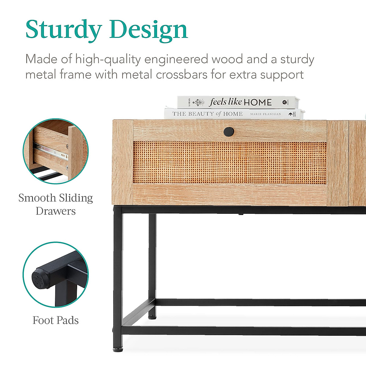 Best Choice Products 39in Rattan Coffee Table, 2-Drawer Modern Boho Home Furniture for Living Room, Bonus Room w/Wicker Storage Compartments, Oak Wood Grain Finish, Metal Frame & Knobs - Light Walnut