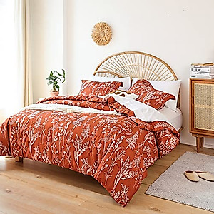 JANZAA Duvet Cover Queen Terracotta 3 Pieces Boho Duvet Cover with White Botanical Patterns Soft Floral Bed Cover with Zipper Closure 4 Ties (2 Pillow Cases)