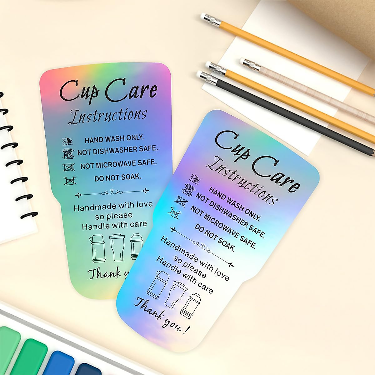 240 PCS Tumbler Care Instructions Holographic Cards Packaging Customer Direction Card for Tumbler, Cup, 3.5 x 2 InchMug Small Business Online Shop Owner