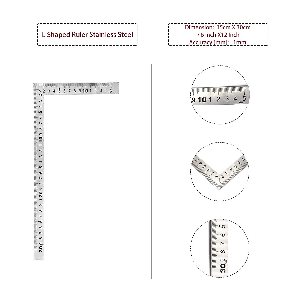 Cheerock L Shaped Ruler 6" x 12" Metal 90 Degree Square Ruler Right Angle Ruler for Carpenter Engineer - 300 x 150mm