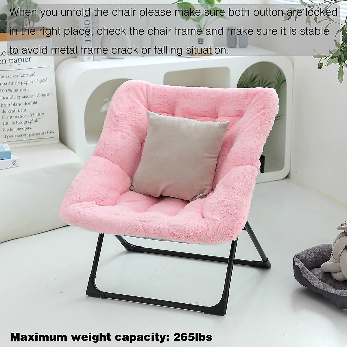 WELL-STRONG Folding Living Room Chair, Faux Fur Foldable Bedroom Chair, Oversized Saucer Chair, Comfy Chair with Metal Frame, Cozy Furry Padded Chair for Home, Bedroom, Living Room Pink