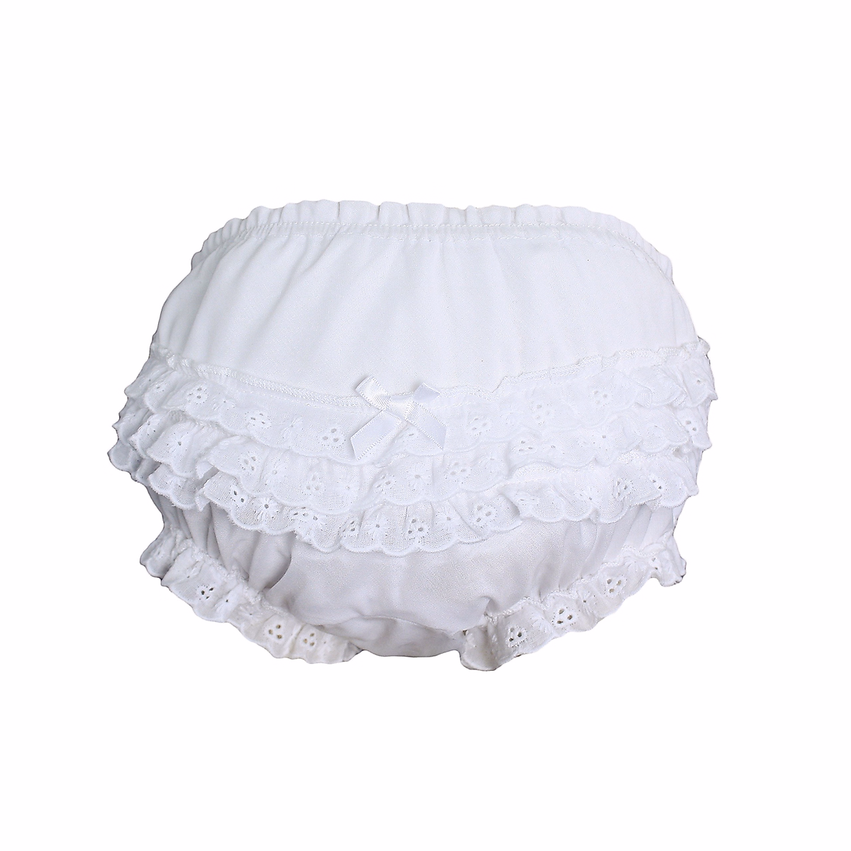 Little Things Mean A Lot Baby Girls White Elastic Bloomer Diaper Cover with Embroidered Eyelet Edging - NB
