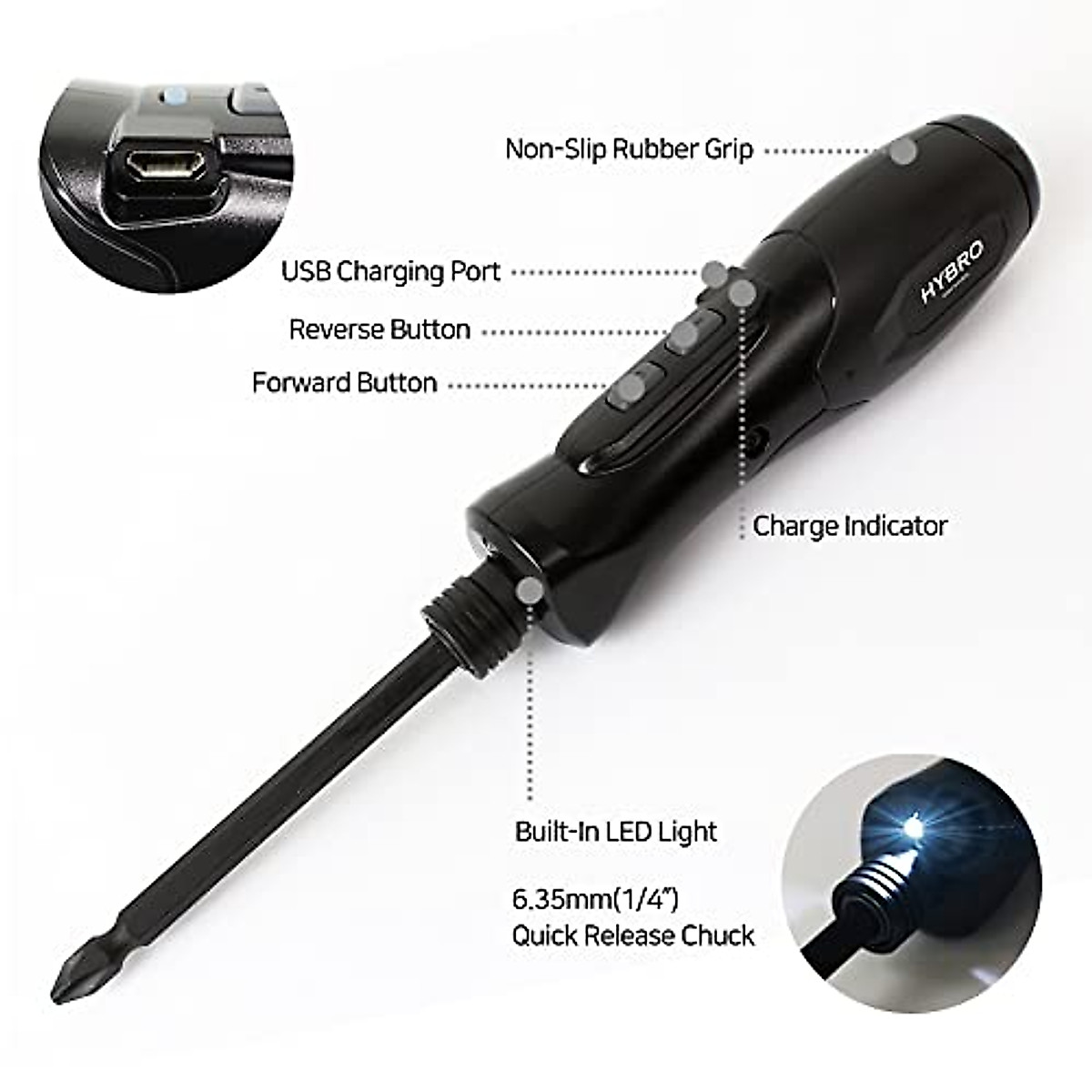 HYBRO Rechargeable Cordless 3.6V Screwdriver Set, Electric and Manual Battery Powered Professional and Home Improvement Tool-2N.m to 10N.m Torque, Double-End Bit,USB Charge,LED Light - H200Q (Black)