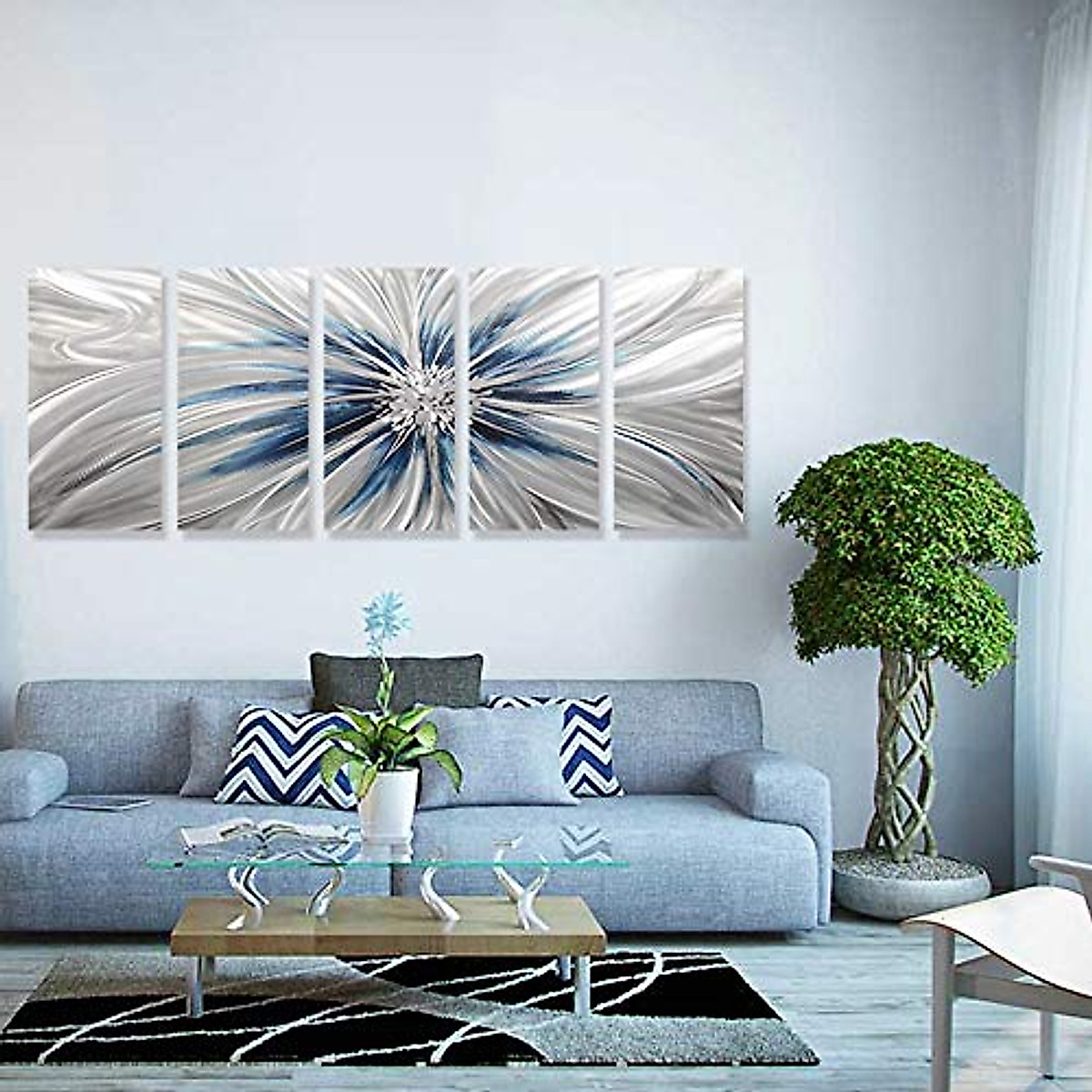 RICHSPACE ARTS Contemporary Metal Wall Art Blue and Silver Modern Sculpture Decor for Living Room 3d Flower Aluminum Artwork for Home and Office