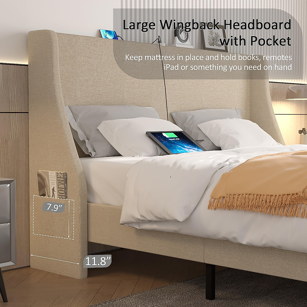 VECELO Queen Bed Frame with Upholstered Wingback Headboard, Heavy-Duty Platform Bedframe with Charging Station & Side Pockets, No Box Spring Needed, Light Beige