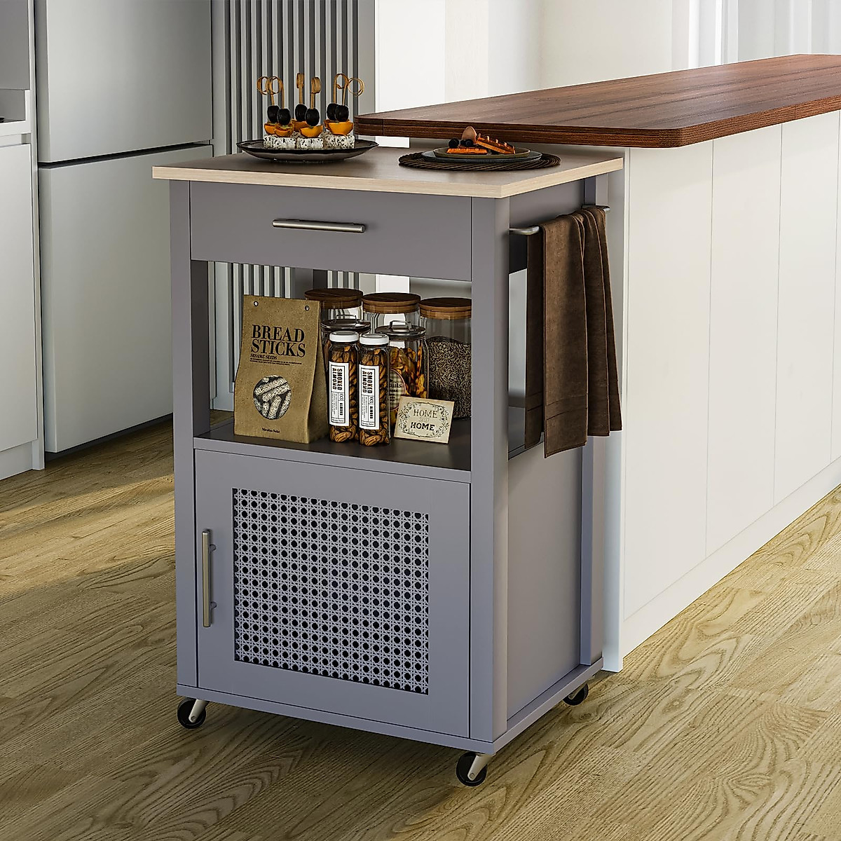 Tornama Kitchen Island Cart, Small Kitchen Carts On Wheels with Storage Cabinet, Drawer and Wood Top, Rolling Kitchen Island for Dining Room Living Room, Grey