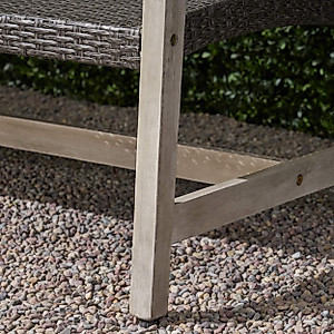 GDFStudio Outdoor Wood and Wicker Loveseat, Light Gray Finish with Mix Black Wicker