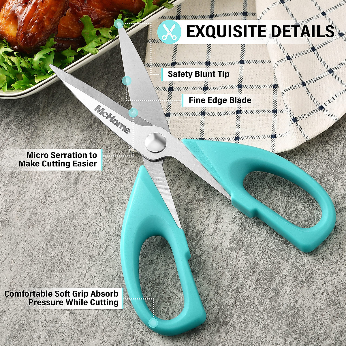 McHome MHS11 Kitchen Scissors, 2-Pack Heavy Duty Kitchen Shears, Stainless Steel Meat Cutting Scissors, Sharp Cooking Scissors for Chicken, Seafood, Poultry, Herbs, Turquoise(8.7+ 6.8 INCH)