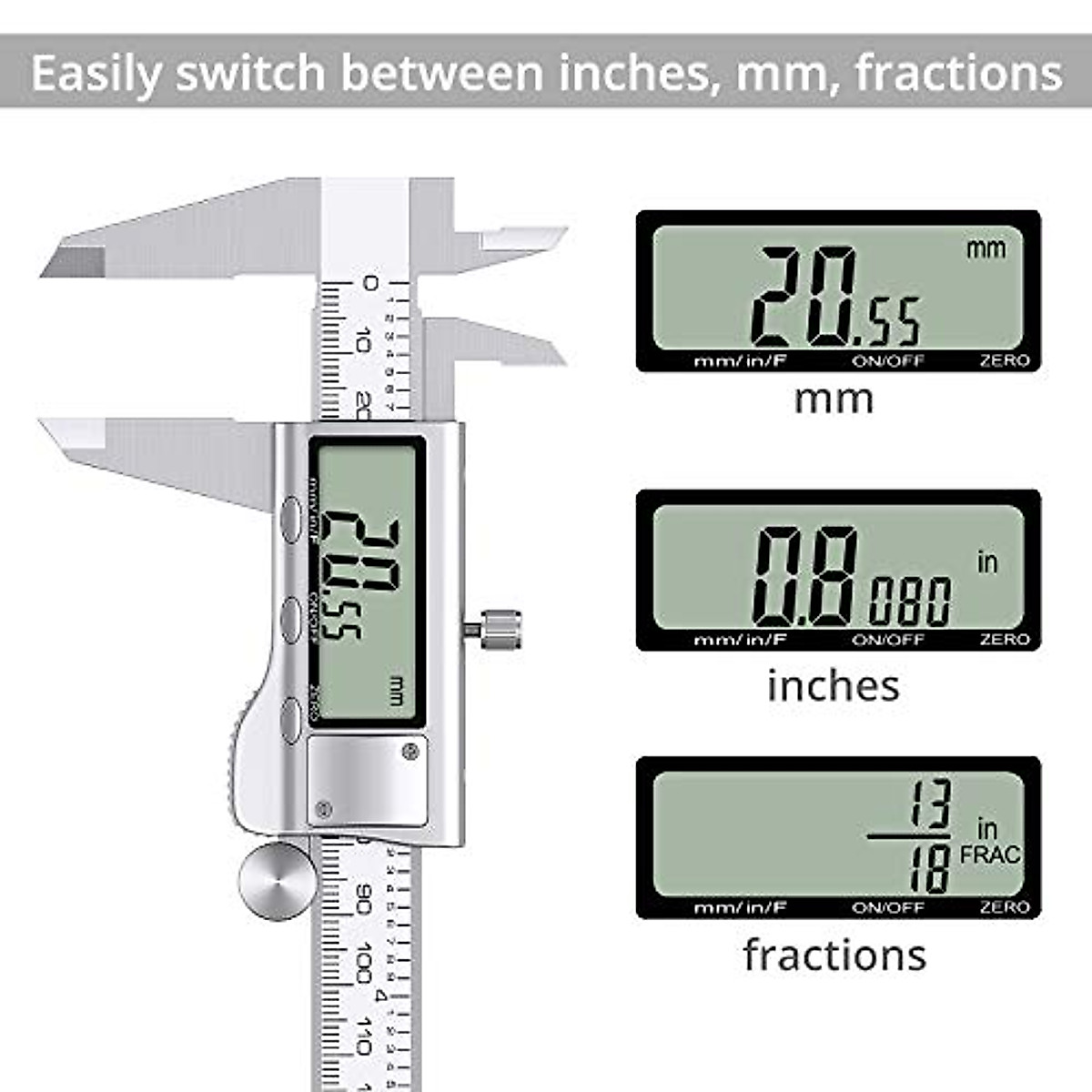 Proster Digital Vernier Caliper 8inch 200mm - Stainless Steel Electronic Caliper Fractions/Inch/Metric Caliper Measuring Tool for Length Width Depth Inner Diameter Outer Diameter