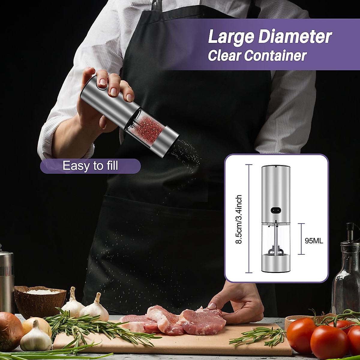 Electric Salt and Pepper Grinder Set, Automatic Pepper Mill Grinder w/Upgraded Charge Base and LED Light,Adjustable Coarseness,Rechargeable Black Peppercorn & Sea Salt Spice Mill Set