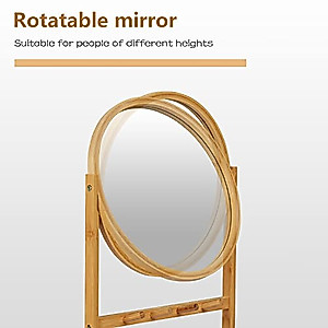 kinbor Bamboo Bathroom Shelves, Bathroom Storage Organizer Tower Rack with Mirror and Drawer Hamper, Freestanding Shelving Unit Narrow Conner Stand for Bathroom, Living Room, Balcony, Natural