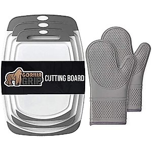 Gorilla Grip Cutting Board Set of 3 and Silicone Oven Mitts Set, Both in Gray Color, 2 Item Bundle