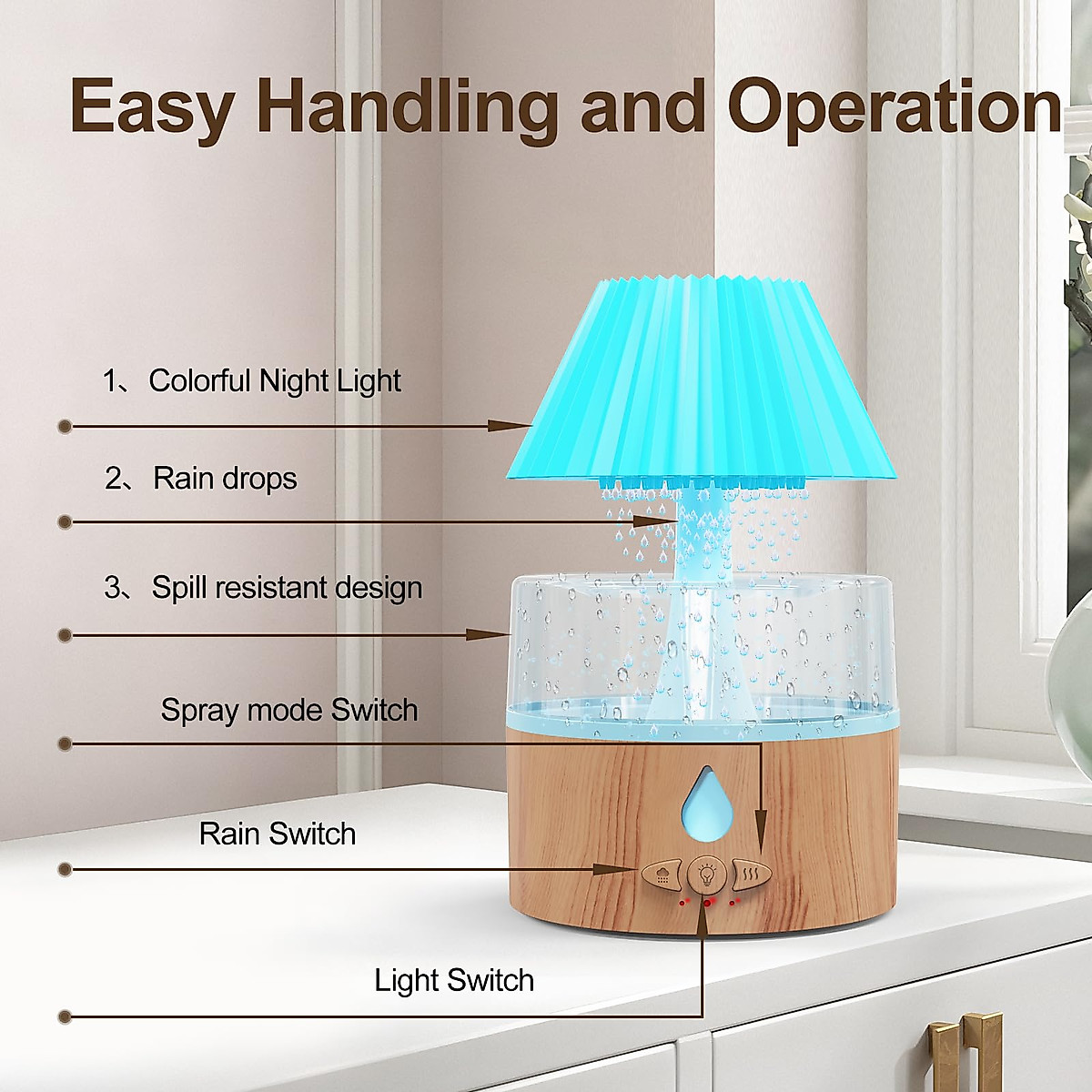 Cloud Humidifiers 260ML Water Drip Umbrella Humidifiers, 7 Colors Mood Light Air Humidifier White Noise Raindrop Humidifiers for Bedroom